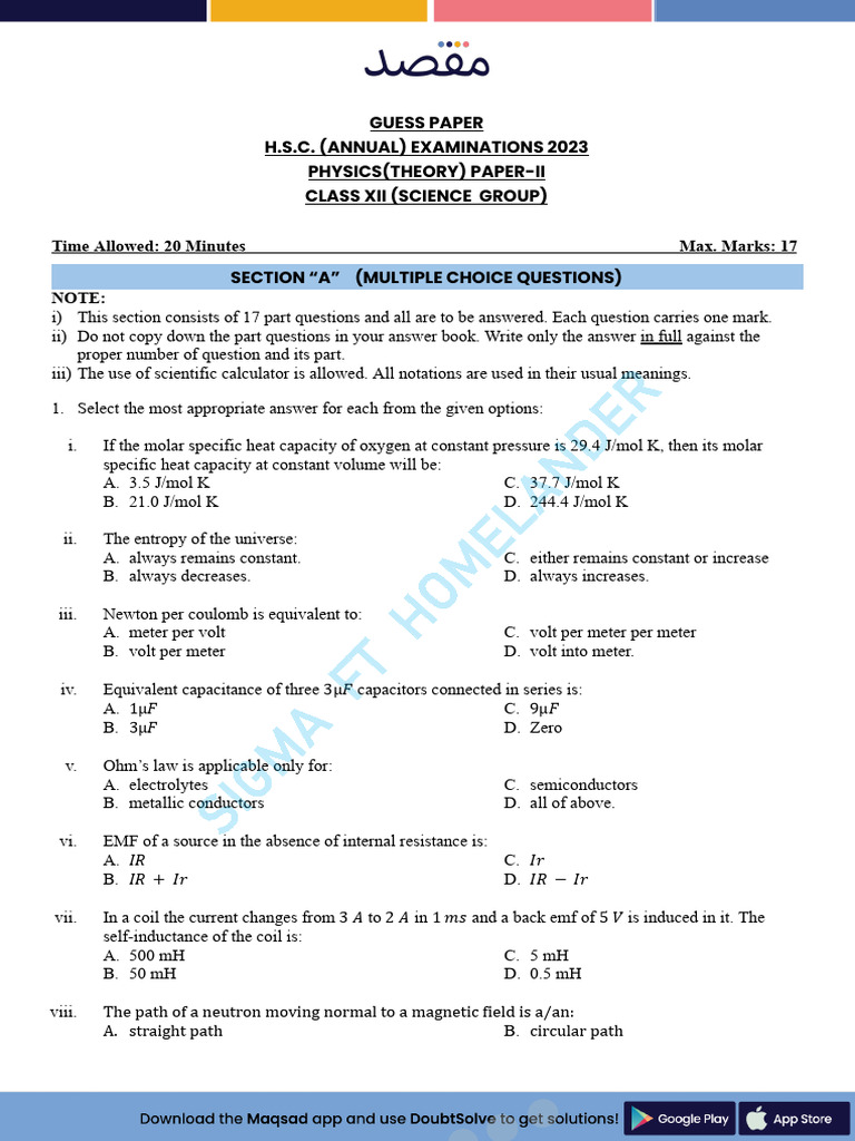 Xii Physics-II - Guess Paper - Sigma Ft Homelander | PDF | Mole (Unit ...