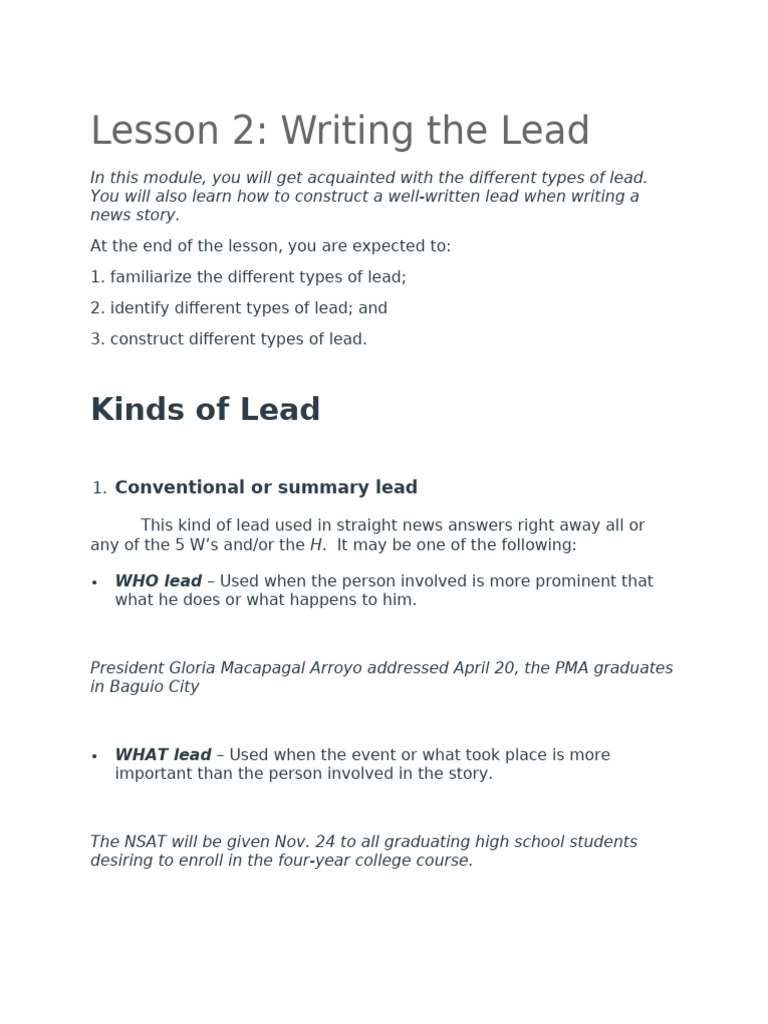 Lesson 2 (Writing the Lead) | PDF | Syntax | Linguistics