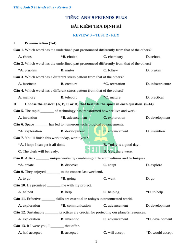 Tiếng Anh 9 Friends Plus_review_3_test_2 Key | PDF