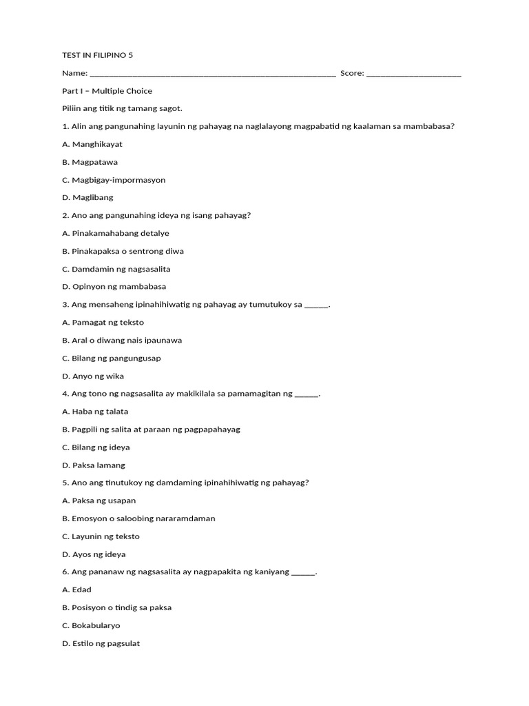Test in Filipino 5 | PDF