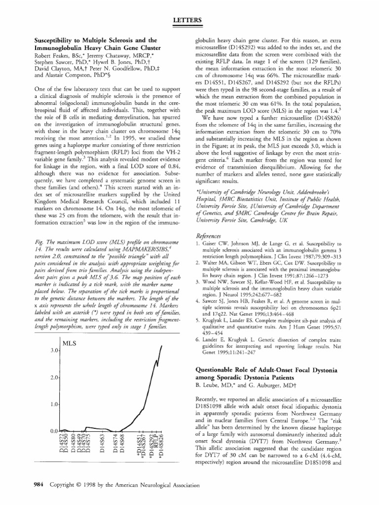 Susceptibility to Multiple Sclerosis and the Immunoglobulin Heavy Chain ...
