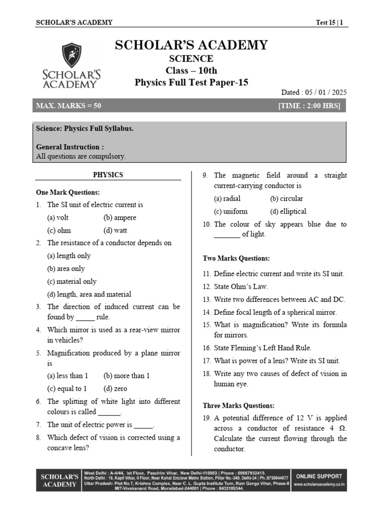 Class 10 Physics Full Test Paper 15 | PDF | Electric Current ...
