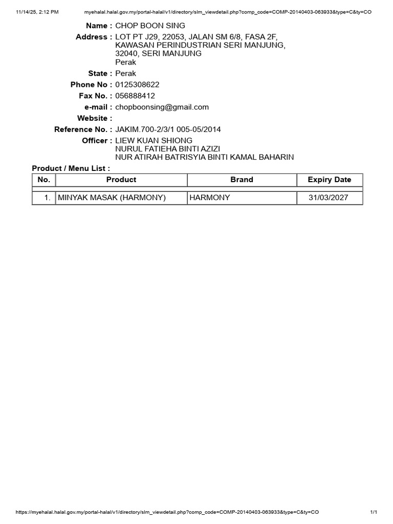 CHOP BOON SING Halal Certification Details | PDF