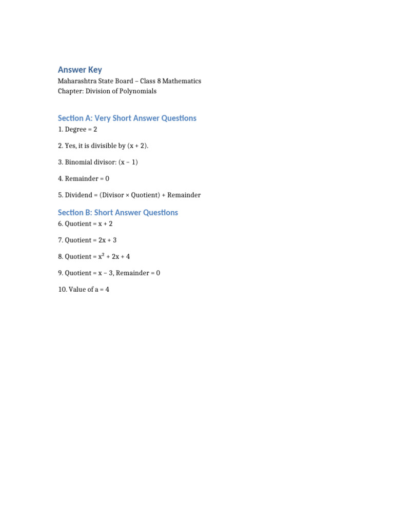 Class 8 Division of Polynomials Answer Key | PDF