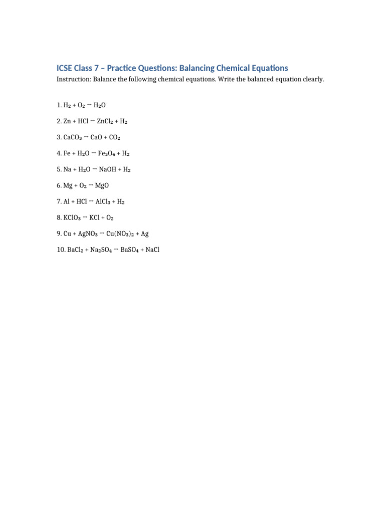 ICSE Class 7 Balancing Chemical Equations Practice | PDF