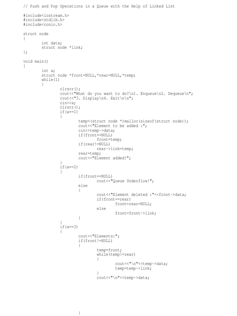 Implementation of Queue Using Linked List | PDF | Computers