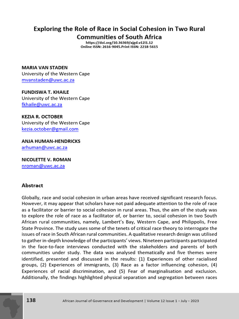 Race and Social Cohesion in Rural South Africa | PDF | Critical Race ...