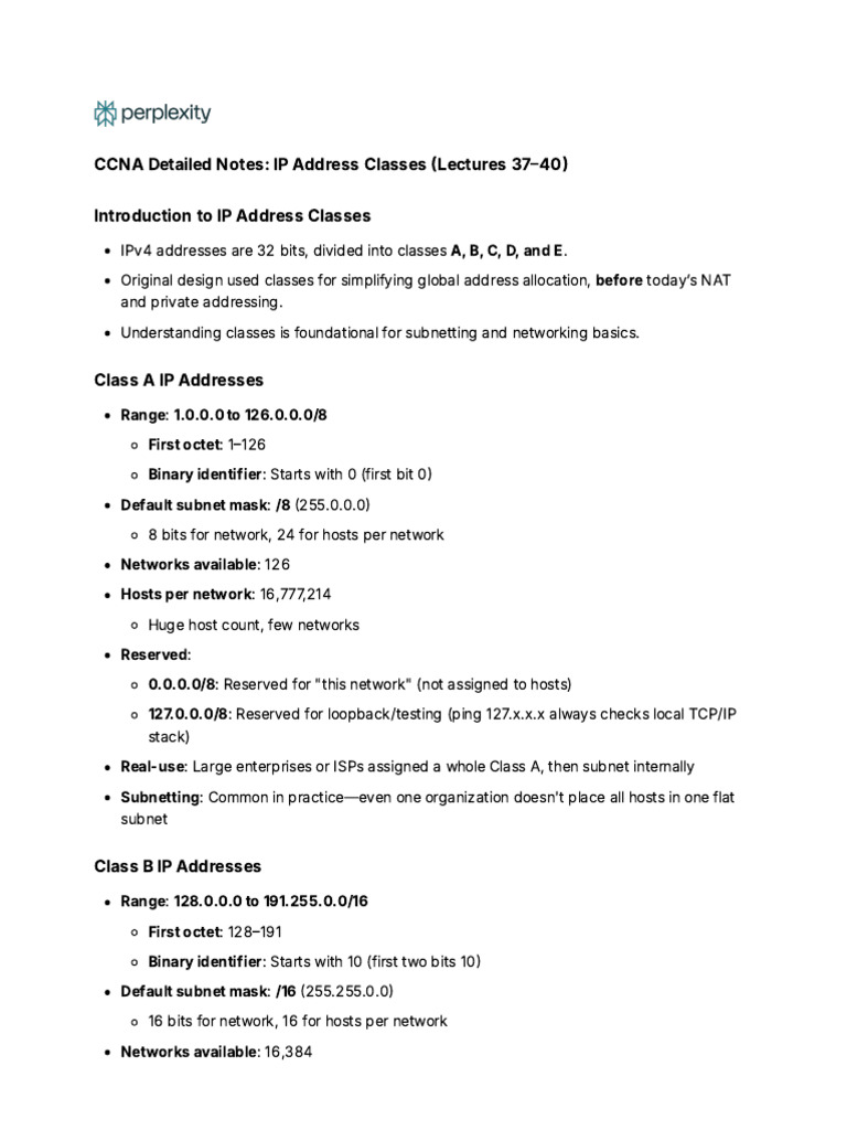 CCNA IP Address Classes Overview | PDF | Ip Address | Telecommunications