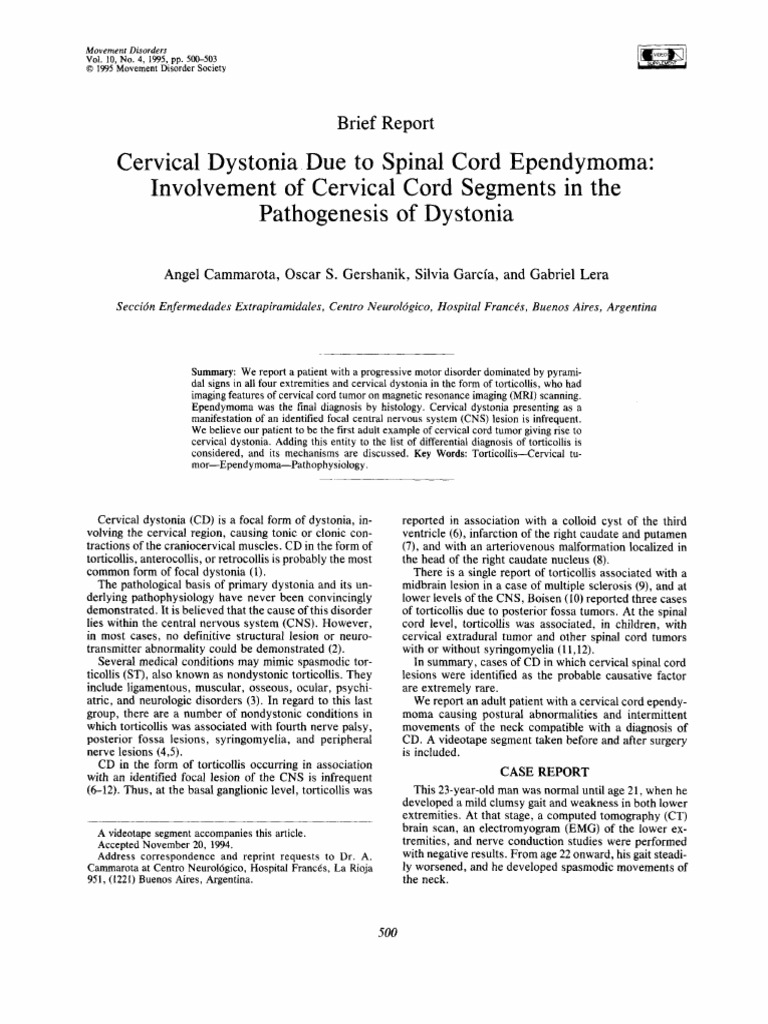 Cervical Dystonia Due to Spinal Cord Ependymoma: Involvement of ...