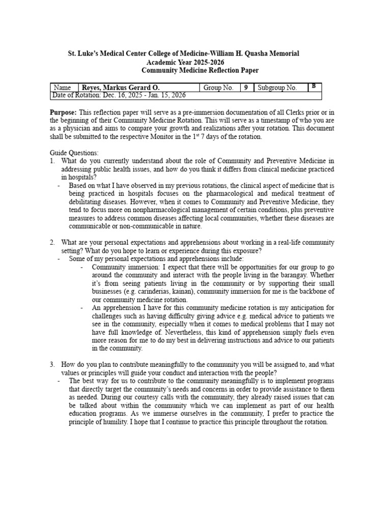 Comm Med Reflections | PDF | Medicine | Preventive Healthcare