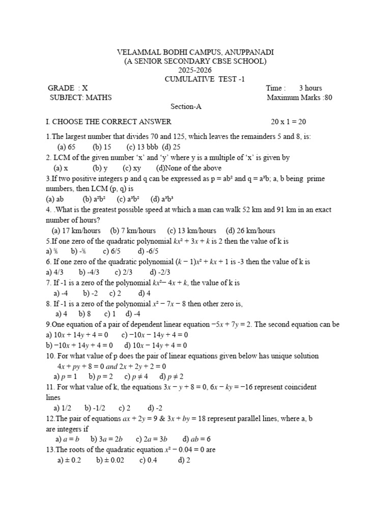 Grade X Maths Cumulative Test 2025-26 | PDF | Quadratic Equation ...