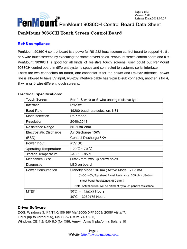 PenMount-9036CH-Datashee | PDF | Touchscreen | Electrostatic Discharge