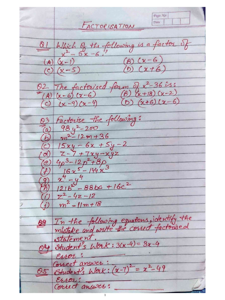 Factorisation Worksheet | PDF