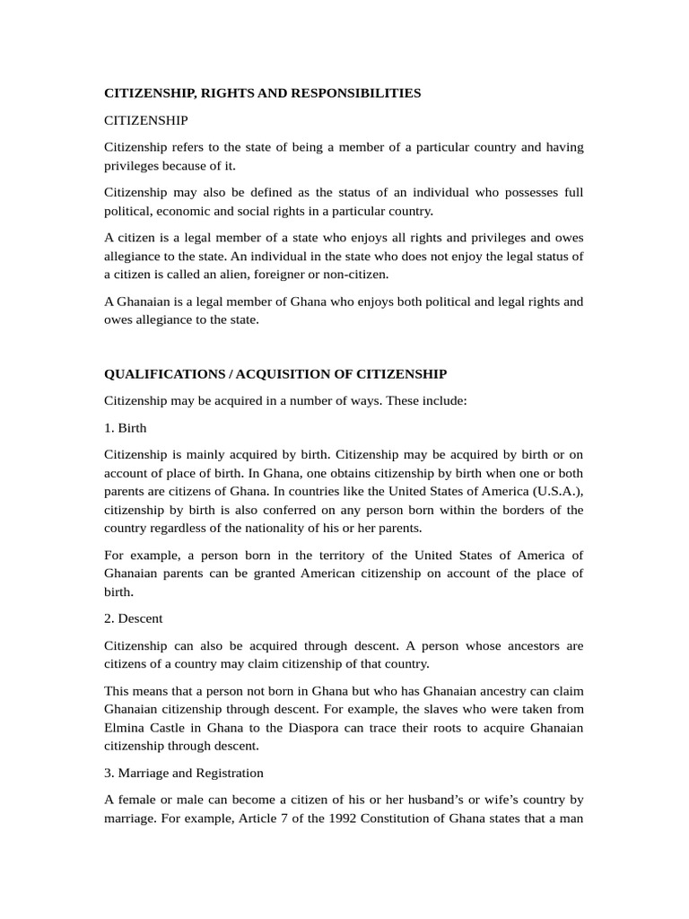 Citizenship, Right and Responsiblities | PDF | Citizenship | Naturalization