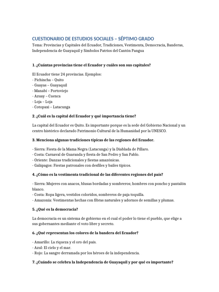 Cuestionario Estudios Sociales Septimo Grado | PDF | Ecuador | Ropa