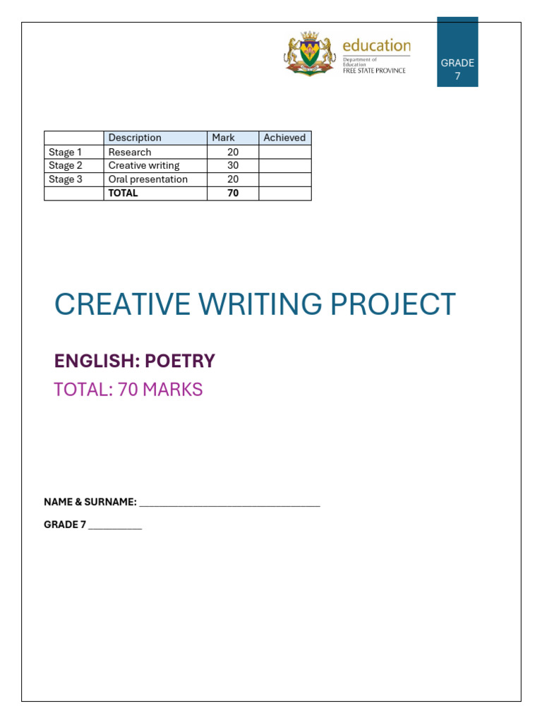 Grade 7 Creative writing Project (Exemplar) 2025 | PDF | Poetry | Rhyme