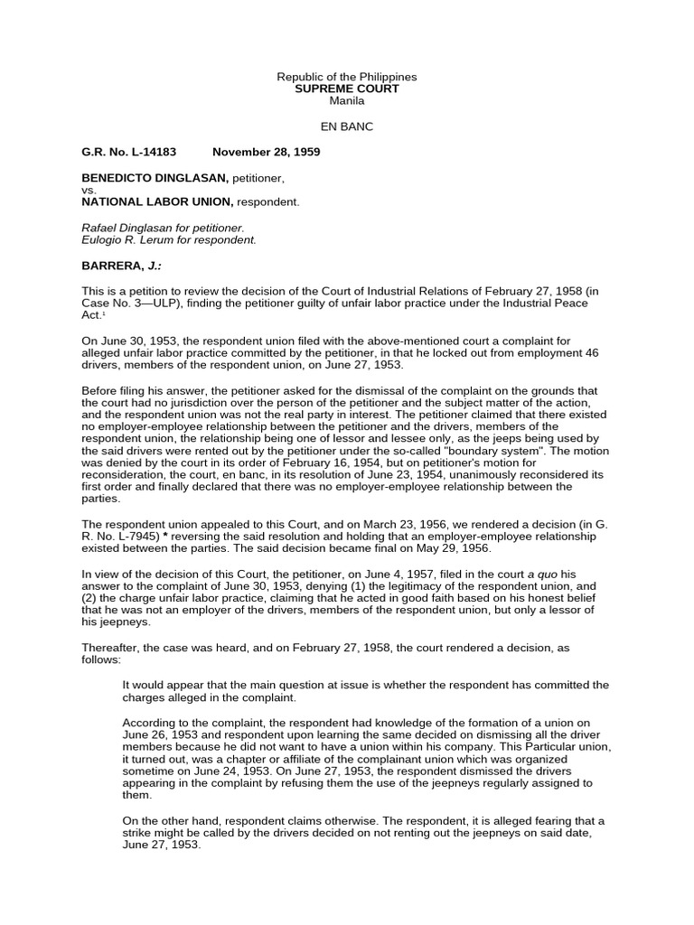 4. NLU v. Dinglasan, 98 Phil. 649 | PDF | Unfair Labor Practice ...