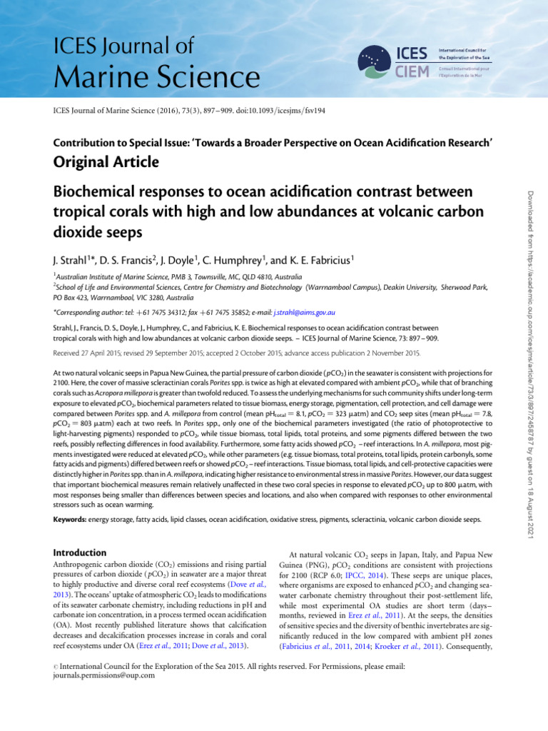 Biochemical responses to ocean acidification contrast between tropical ...