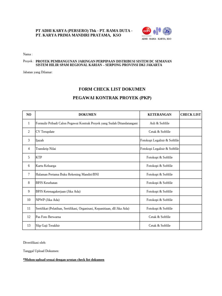 Checklist Dokumen Pegawai Kontrak Proyek | PDF