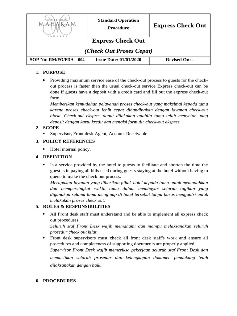 SOP FDA 004 - Express Check Out | PDF