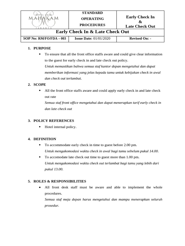SOP FDA 003 - Early Check in & Late Check Out | PDF | Chess Theory | Chess