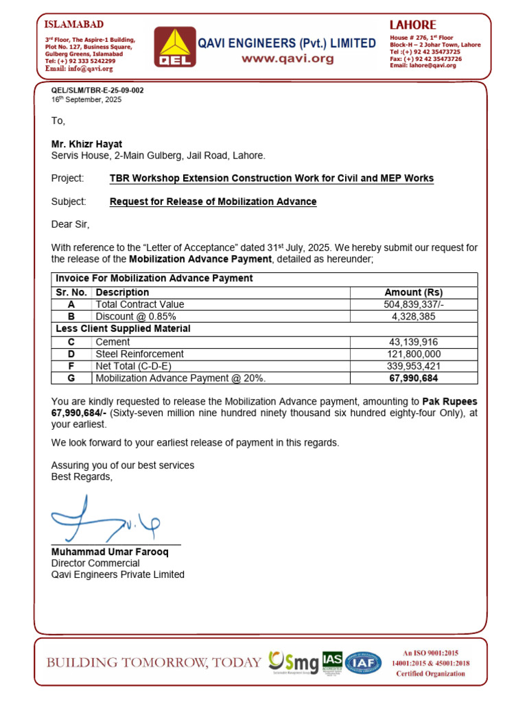 Request for Mobilization Advance Payment | PDF