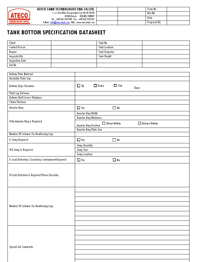 Tank Bottom Specification Datasheet | PDF