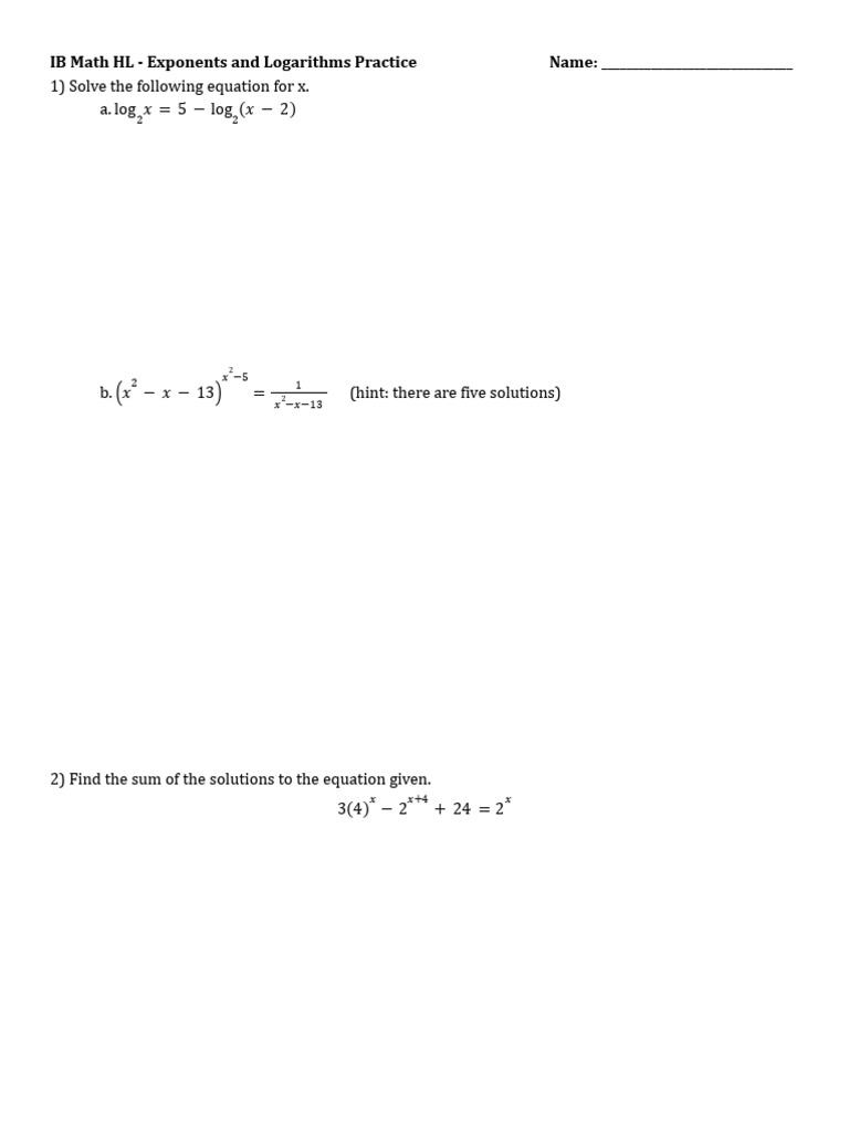 IB Math HL Exponents & Logarithms Practice | PDF