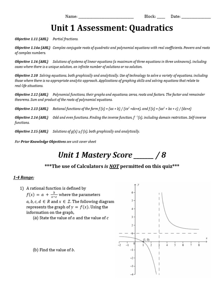 Quadratics Unit 1 Assessment Guide | PDF | Quadratic Equation | Equations