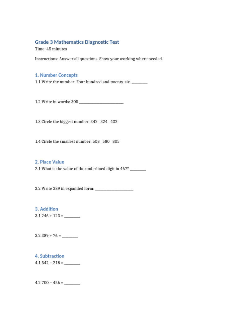 Grade 3 Maths Diagnostic Test | PDF