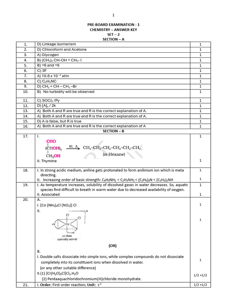 Chemistry Pre-Board Exam Answer Key | PDF | Electrolyte | Chemistry