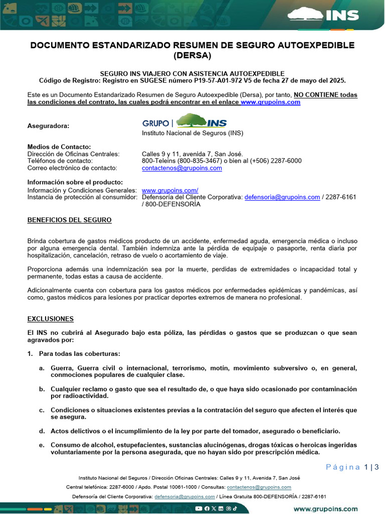 DERSA+CG Seguro INS Viajero Con Asistencia Autoexpedible | PDF | Póliza ...