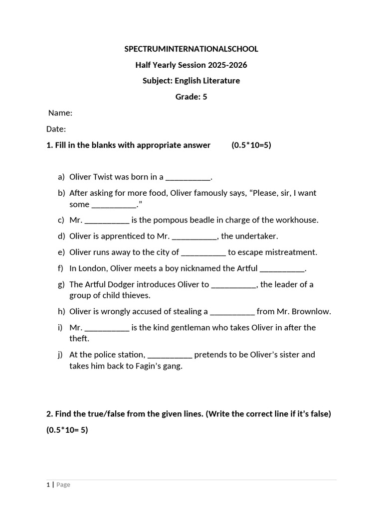 English Literature Quiz for Grade 5 | PDF