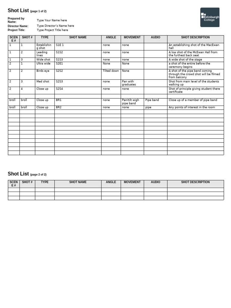 09 Shot List | PDF