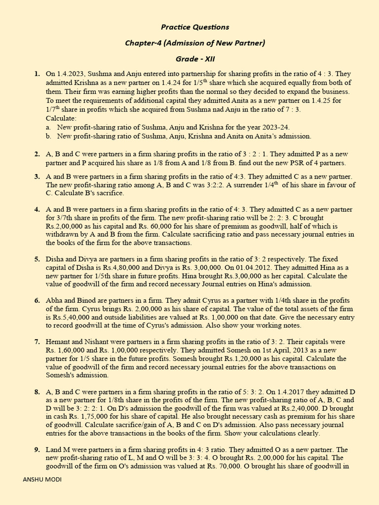 Admission of New Partners: Practice Questions | PDF | Balance Sheet ...