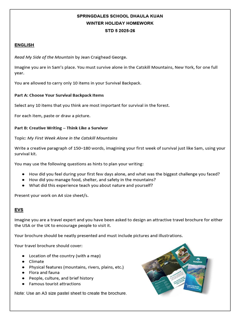 Winter Homework for Std 5: Survival & Travel | PDF