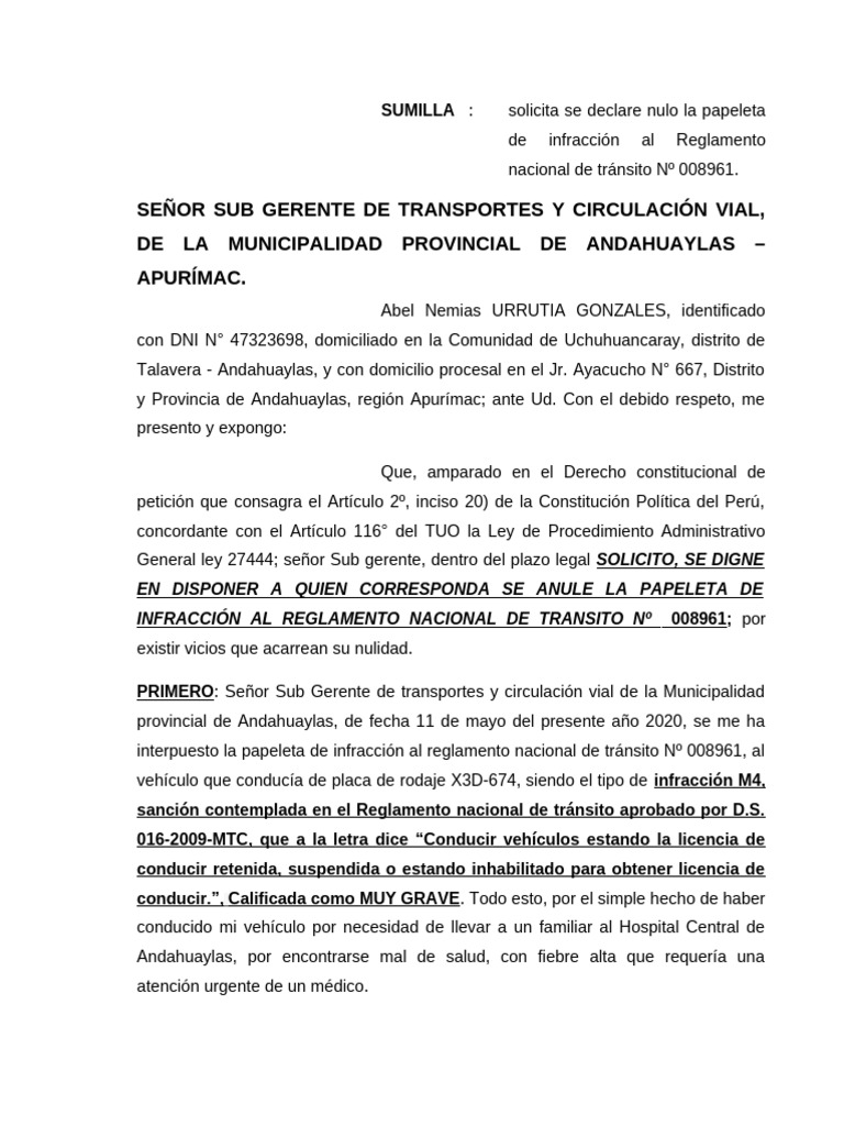 NULIDAD PAPELETA CHATO | PDF | Licencia de conducir | Gobierno