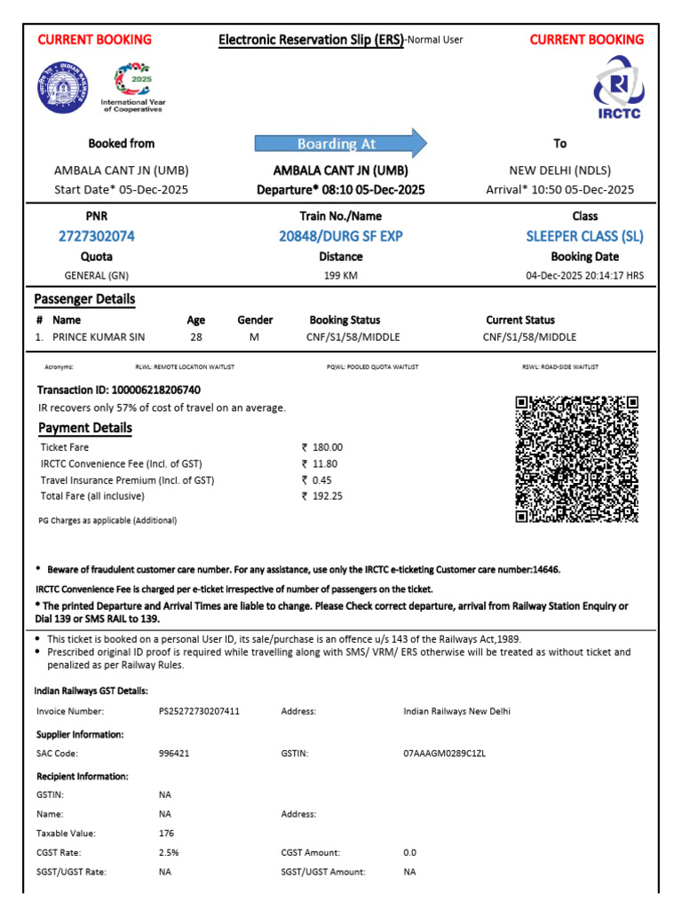 IRCTC Train Booking Confirmation Details | PDF | Identity Document ...
