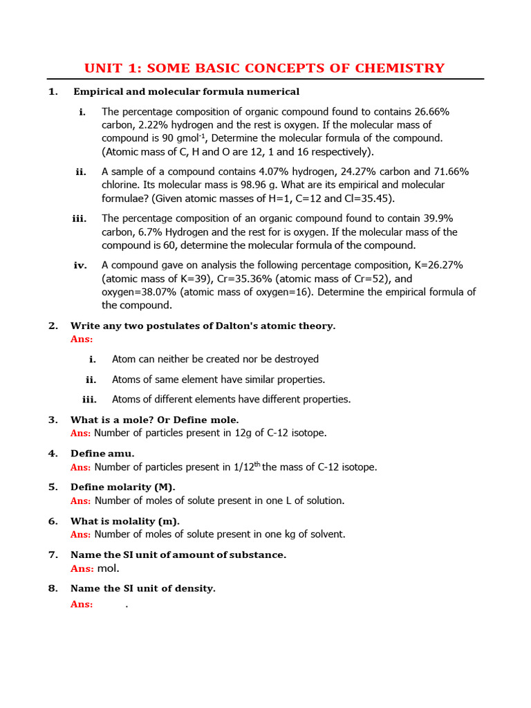 I PUC-Most important Questions and answers | PDF | Gases | Chemical Bond