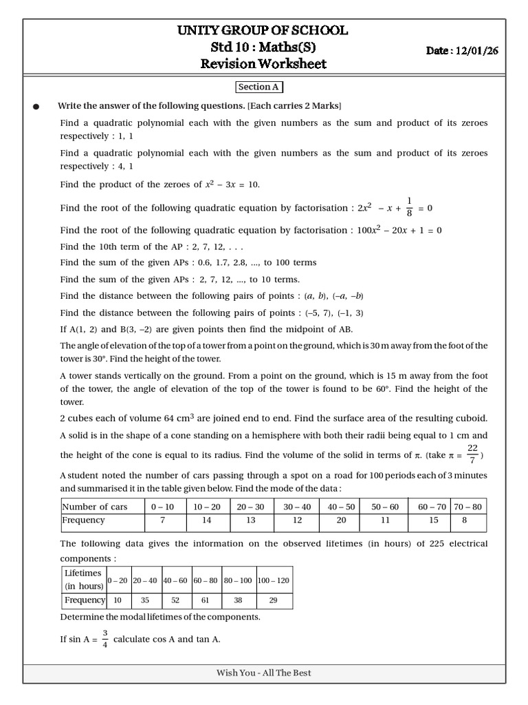 Std 10 Maths Revision Worksheet | PDF | Circle | Euclidean Geometry
