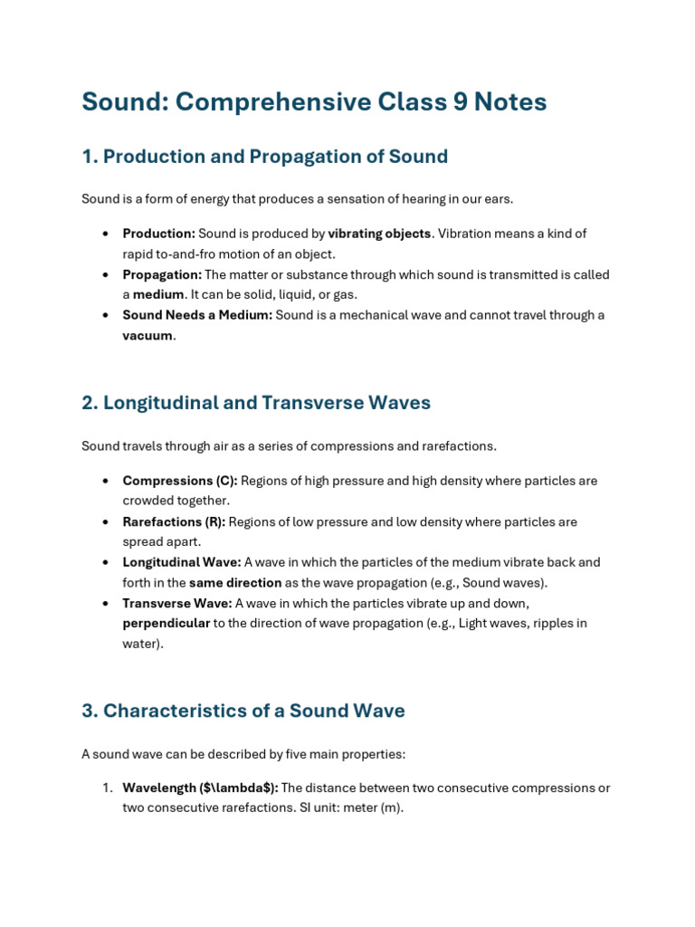 Class 9 Sound Notes: Waves & Properties | PDF | Sound | Waves
