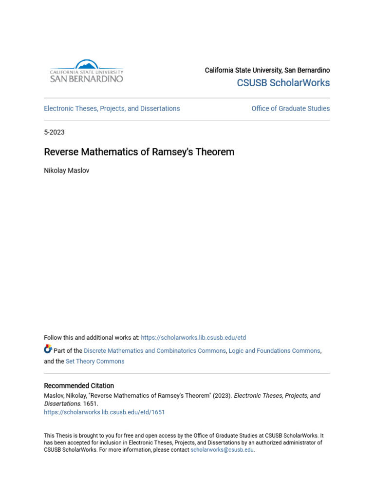 Reverse Mathematics of Ramseys Theorem | PDF | Mathematics | Multiplication
