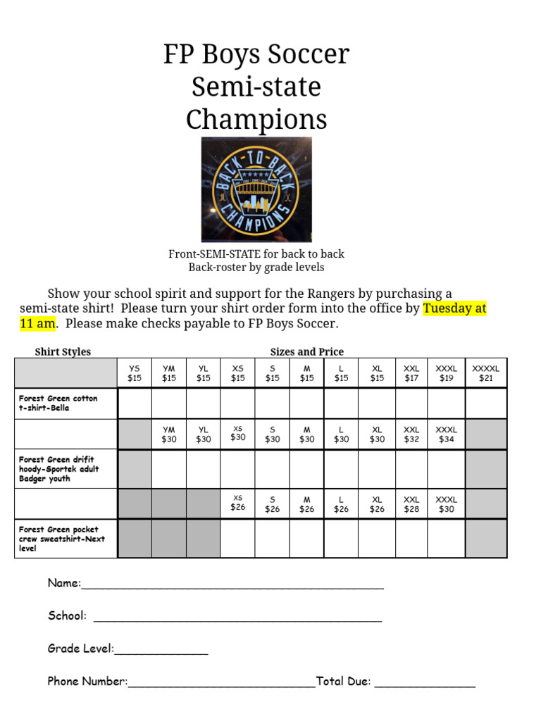 FP Boys Soccer Semi-State Shirt Orders | PDF