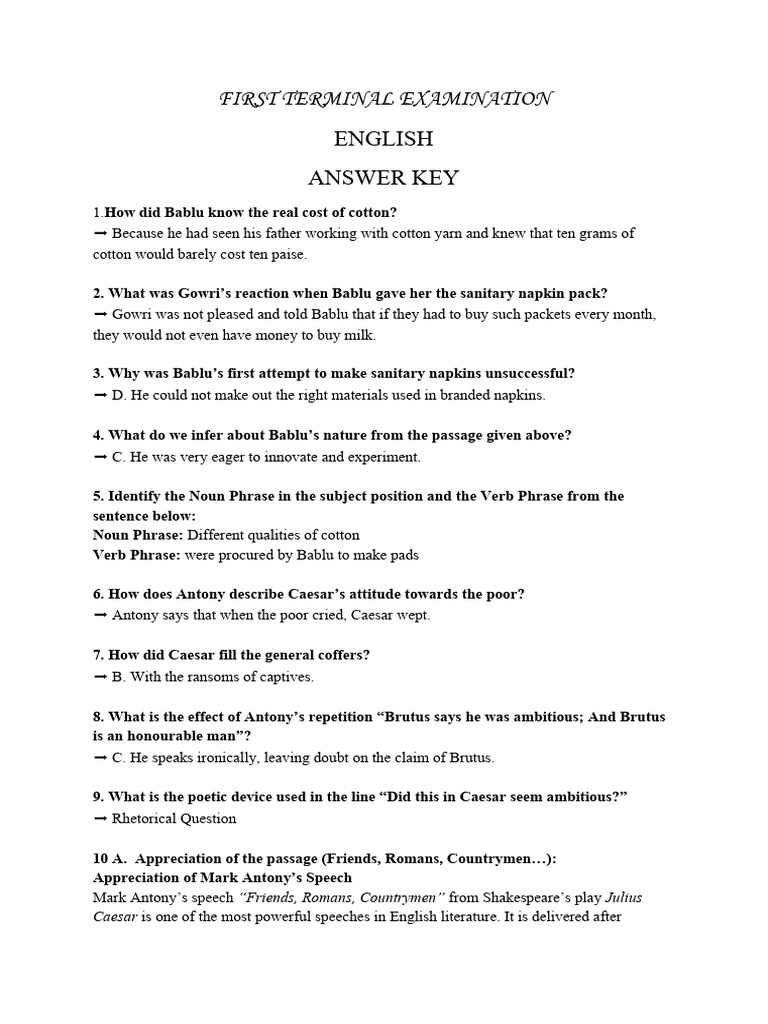 English Exam Answer Key Overview | PDF | Julius Caesar