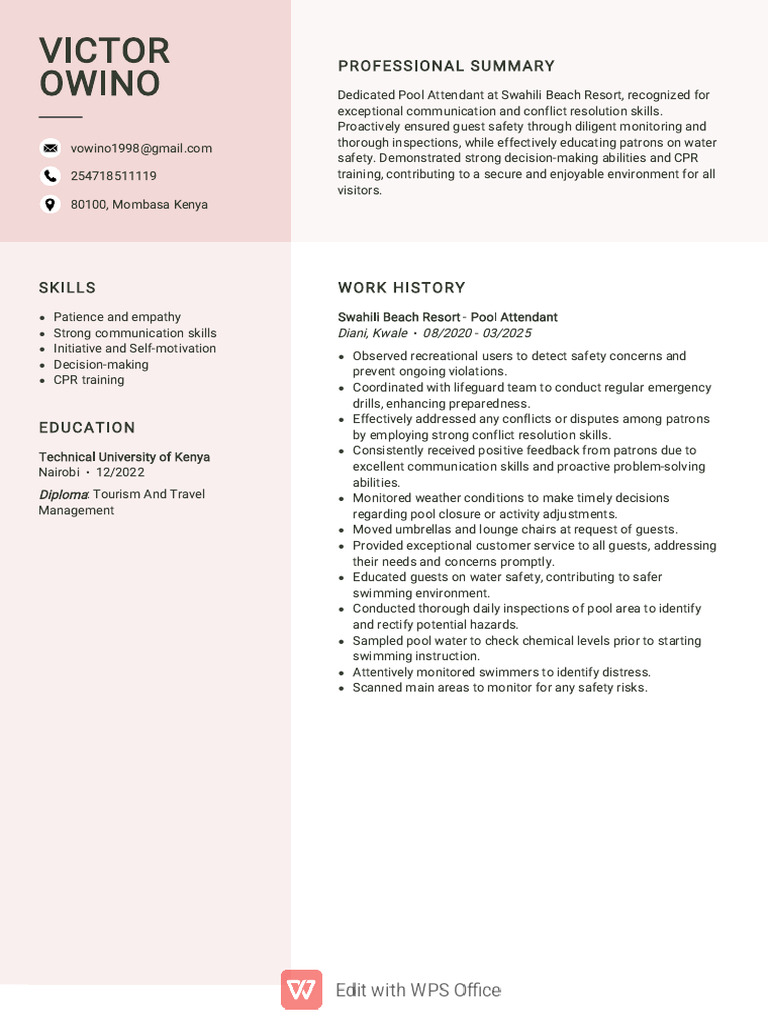 Victor_Owino_Resume_5 pool attendant | PDF
