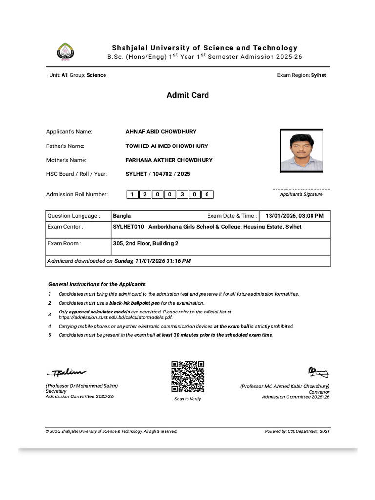 SUST Admit Card 2025-26 - syl25104702 | PDF