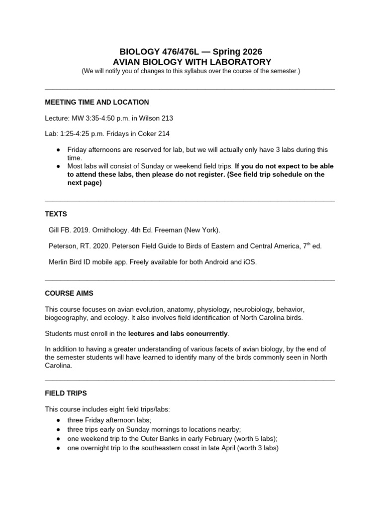 260107 BIOL 476, 476L Syllabus | PDF