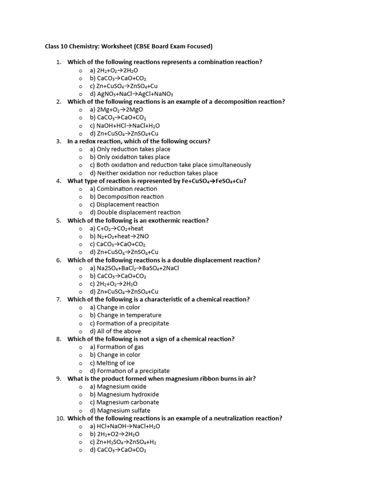 Class 10 Chemistry Worksheet: Reactions | PDF | Chemical Reactions | Redox