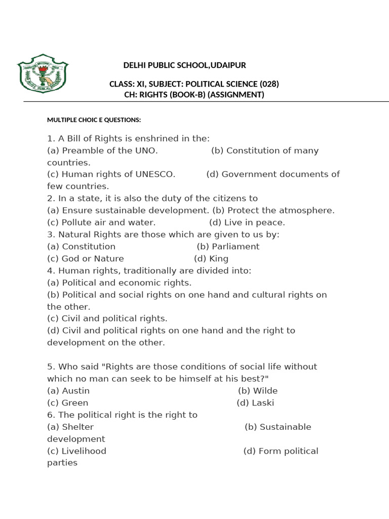 CLASS XI Ch5Rights Bookb Assignment | PDF | Rights | Government