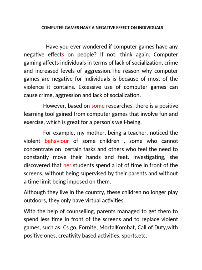 Computer Games Have a Negative Effect on Individuals | PDF